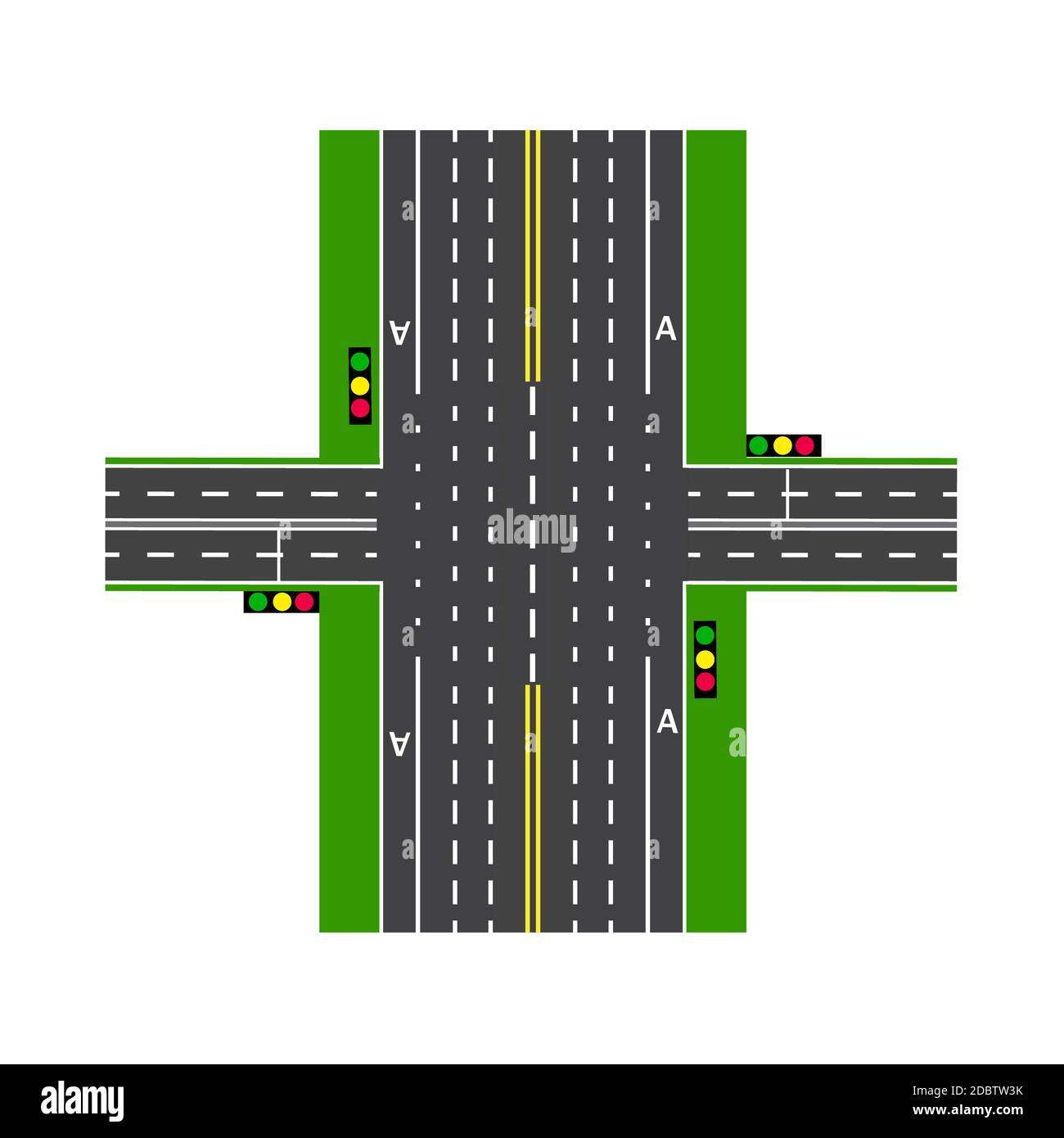 Crossroads. With the help of traffic lights. Road interchange. Lawns ...