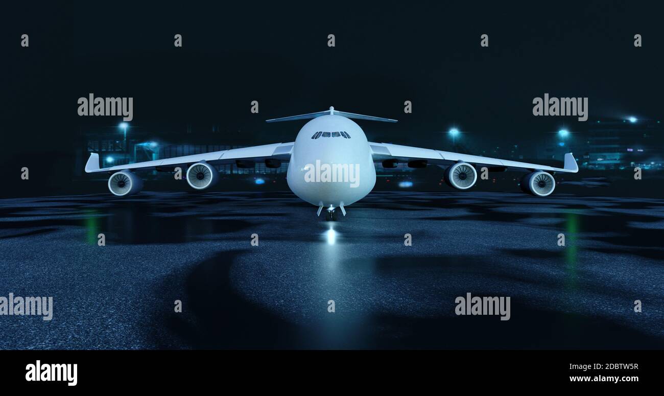 Large cargo plane stands on the tarmac of an airport at night ...