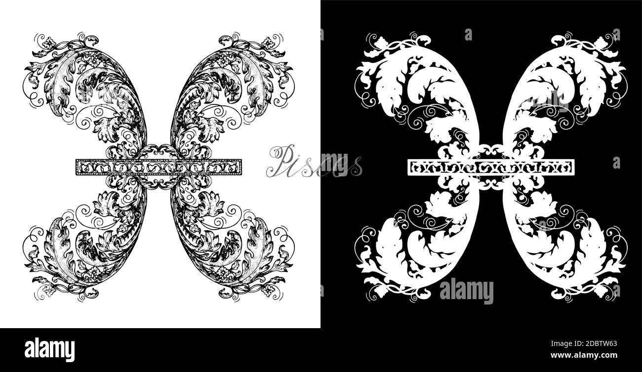 Pisces zodiac sign with victorian baroque patterns. Collection of ...