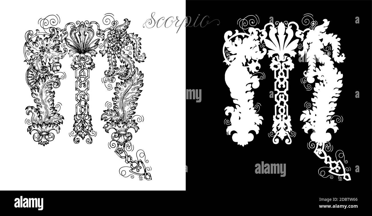 Scorpio zodiac sign with victorian baroque patterns. Collection of ...