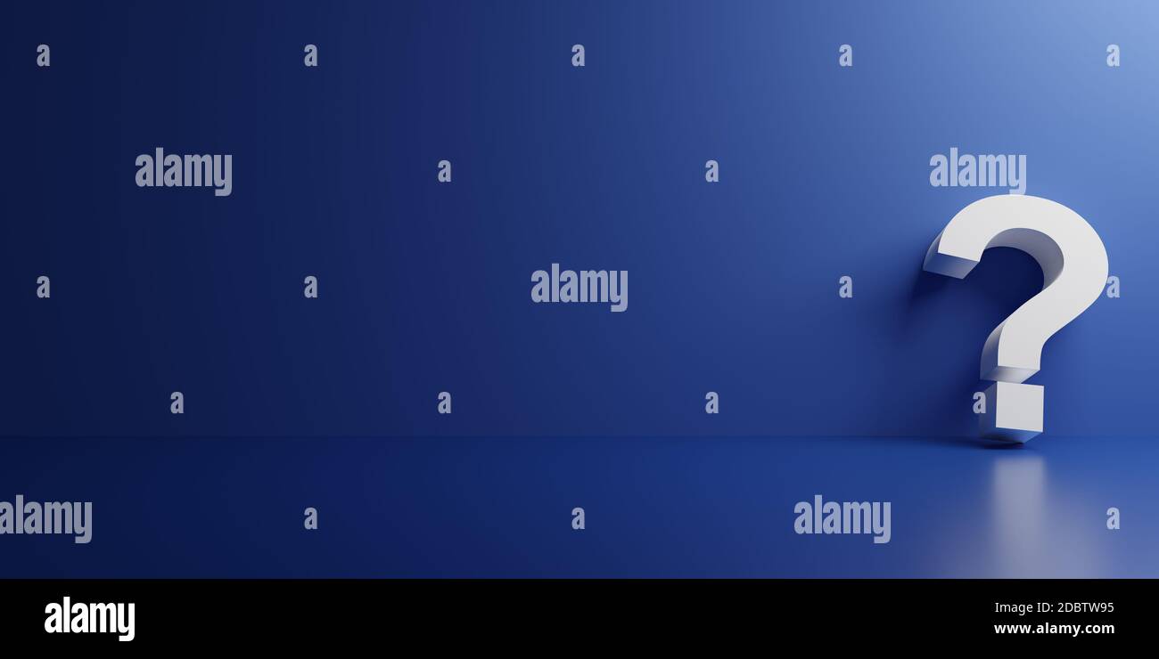 White question mark on a blue background with reflections, 3d rendering ...