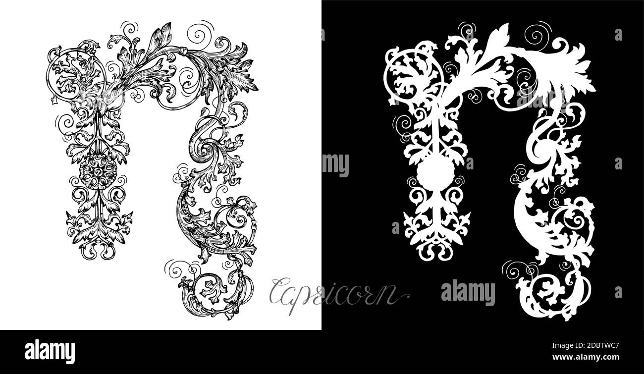 Capricorn zodiac sign with victorian baroque patterns. Collection of ...