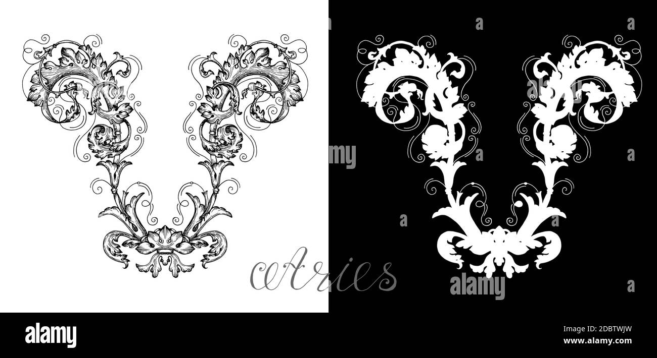 Aries or Ram Zodiac Sign with victorian baroque patterns. Collection of ...