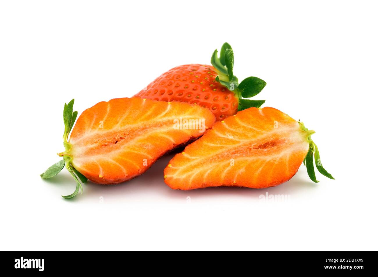 Whole strawberry fruit and half isolated on white background Stock ...