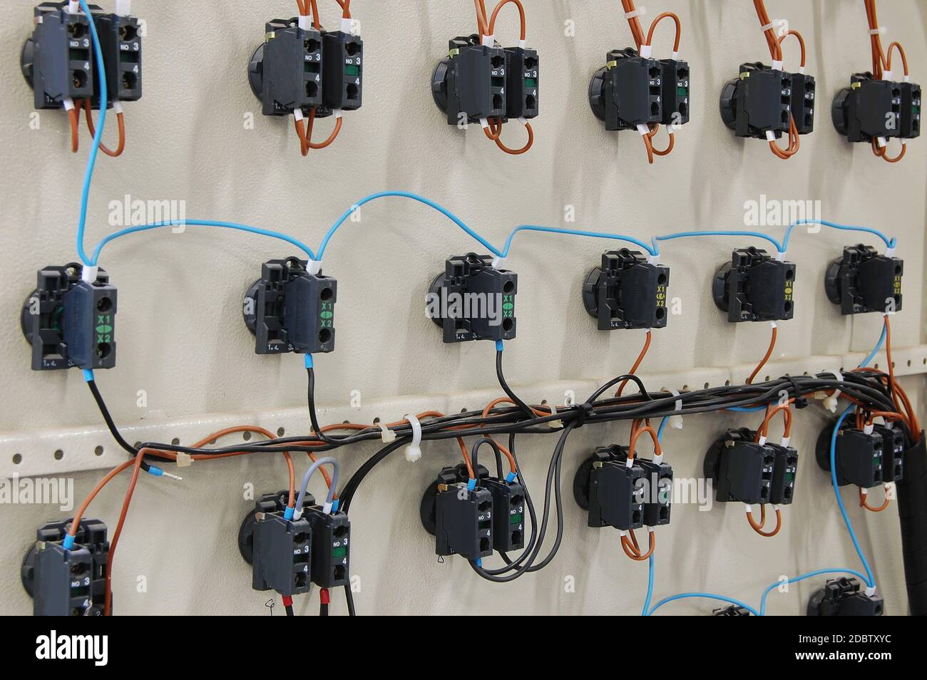 Electrical equipment. Automatic circuit breakers in a row. Electric ...