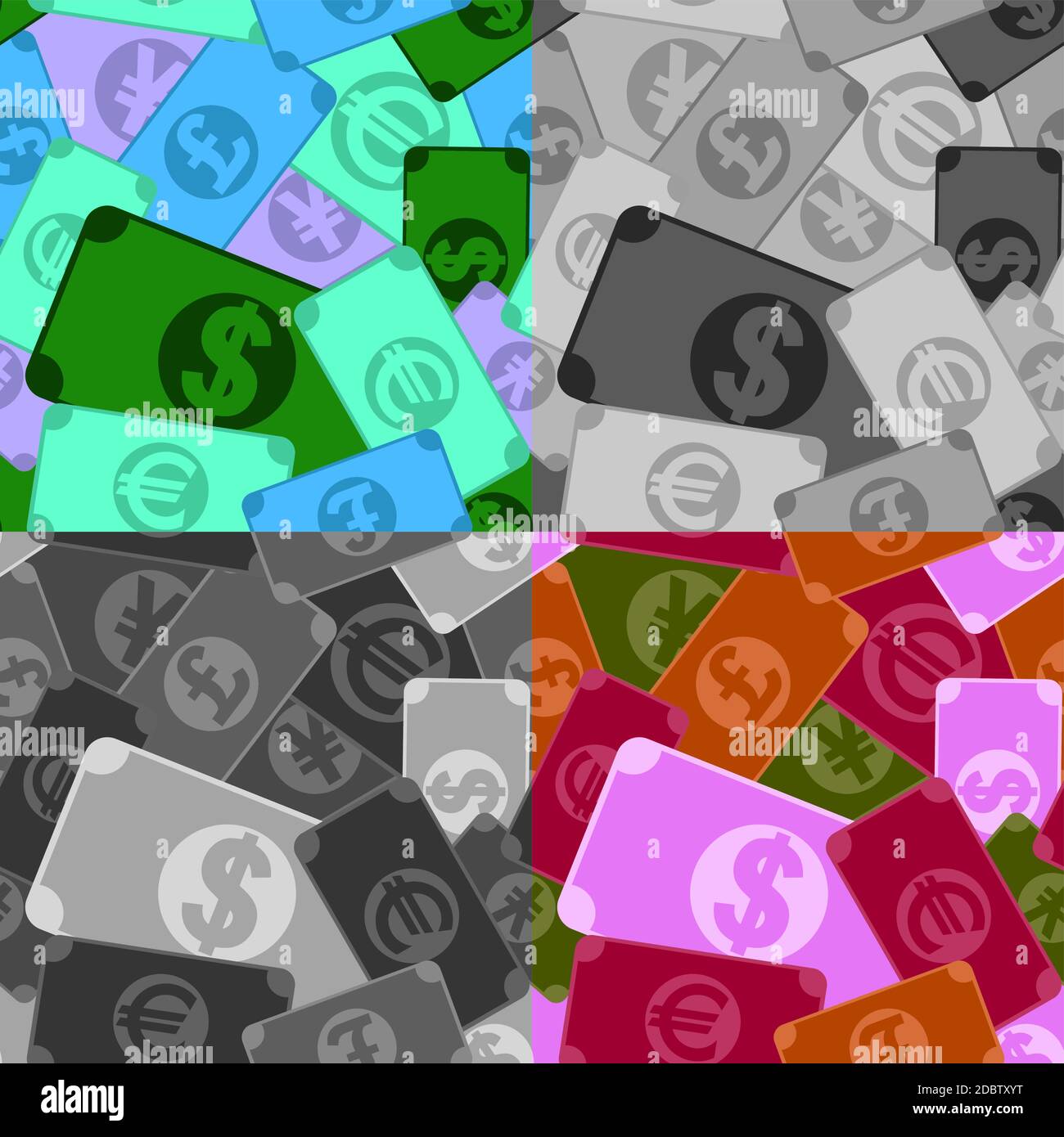 set of seamless patterns with paper banknotes. US dollar, euro of ...