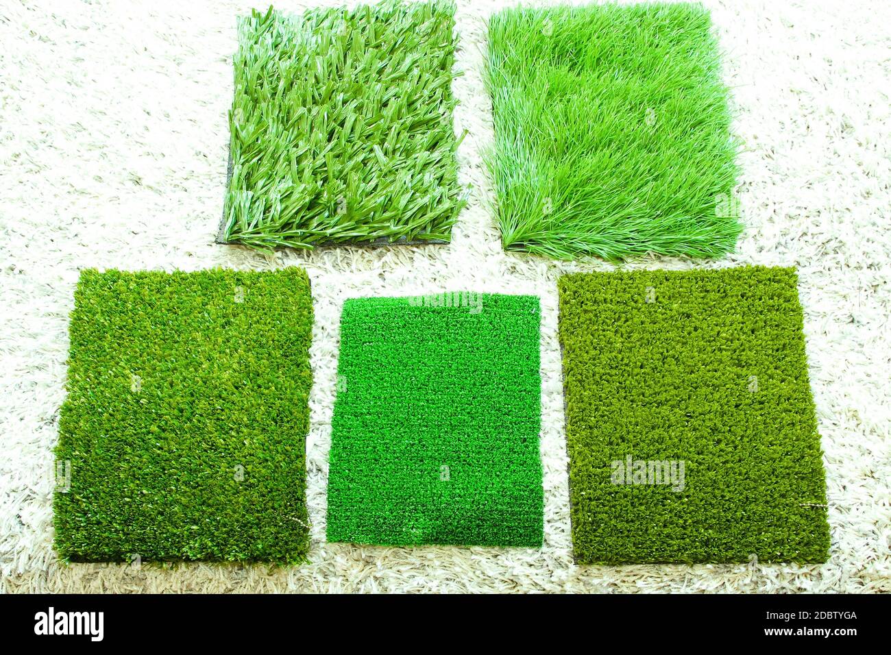 Five different samples of green grass style Stock Photo - Alamy