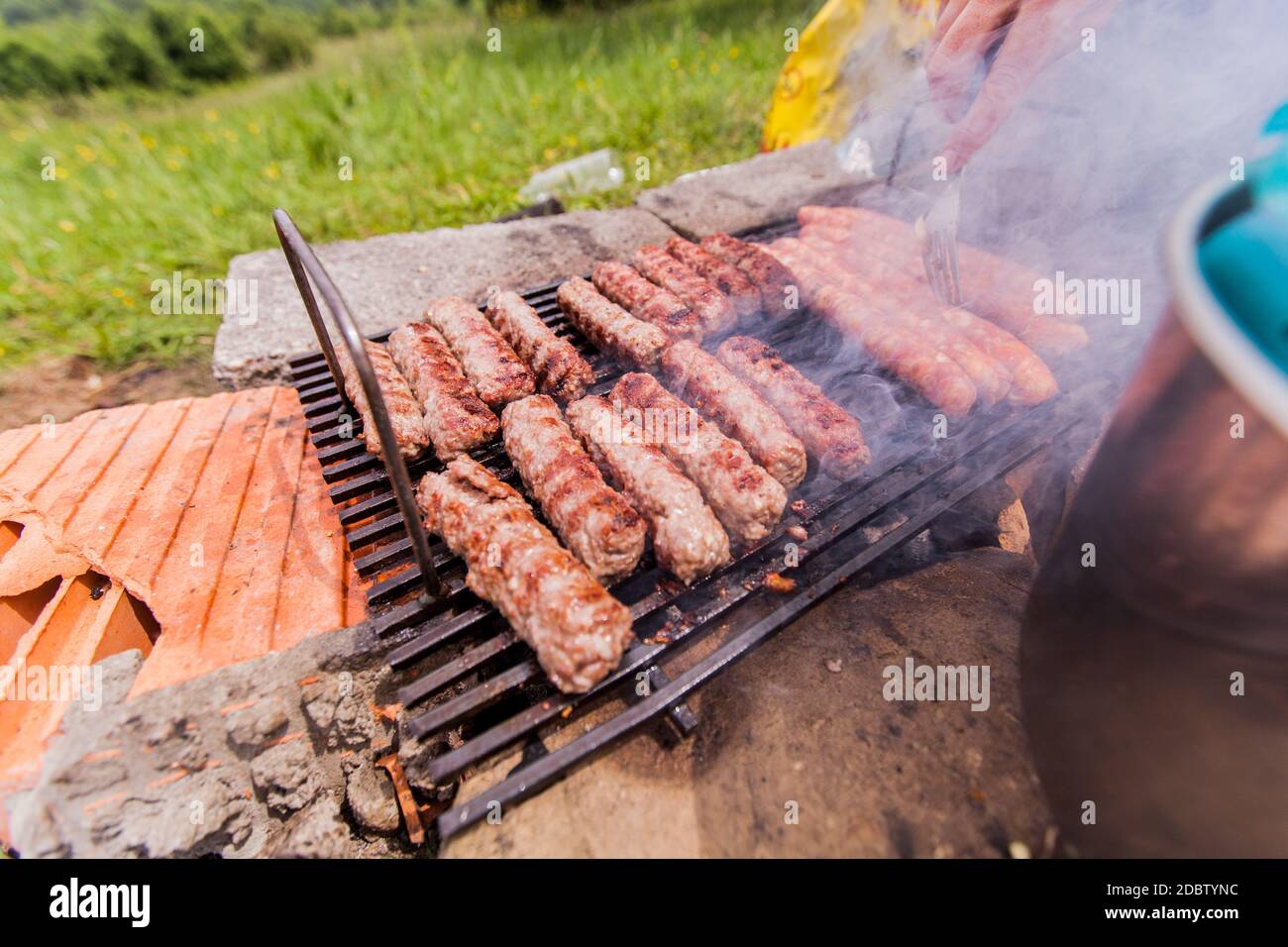 Grilling meat, Barbecue, BBQ party , camping food, outdoor activity ...