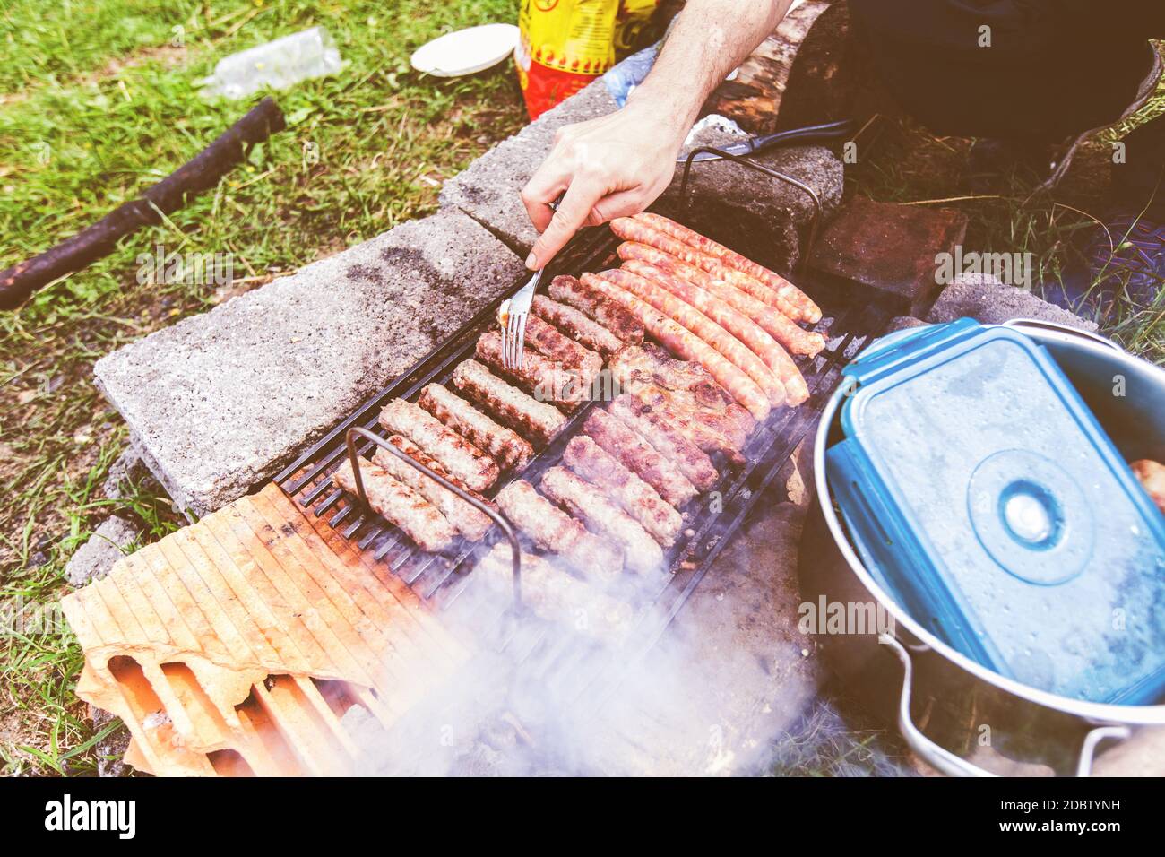 Grilling meat, Barbecue, BBQ party , camping food, outdoor activity ...
