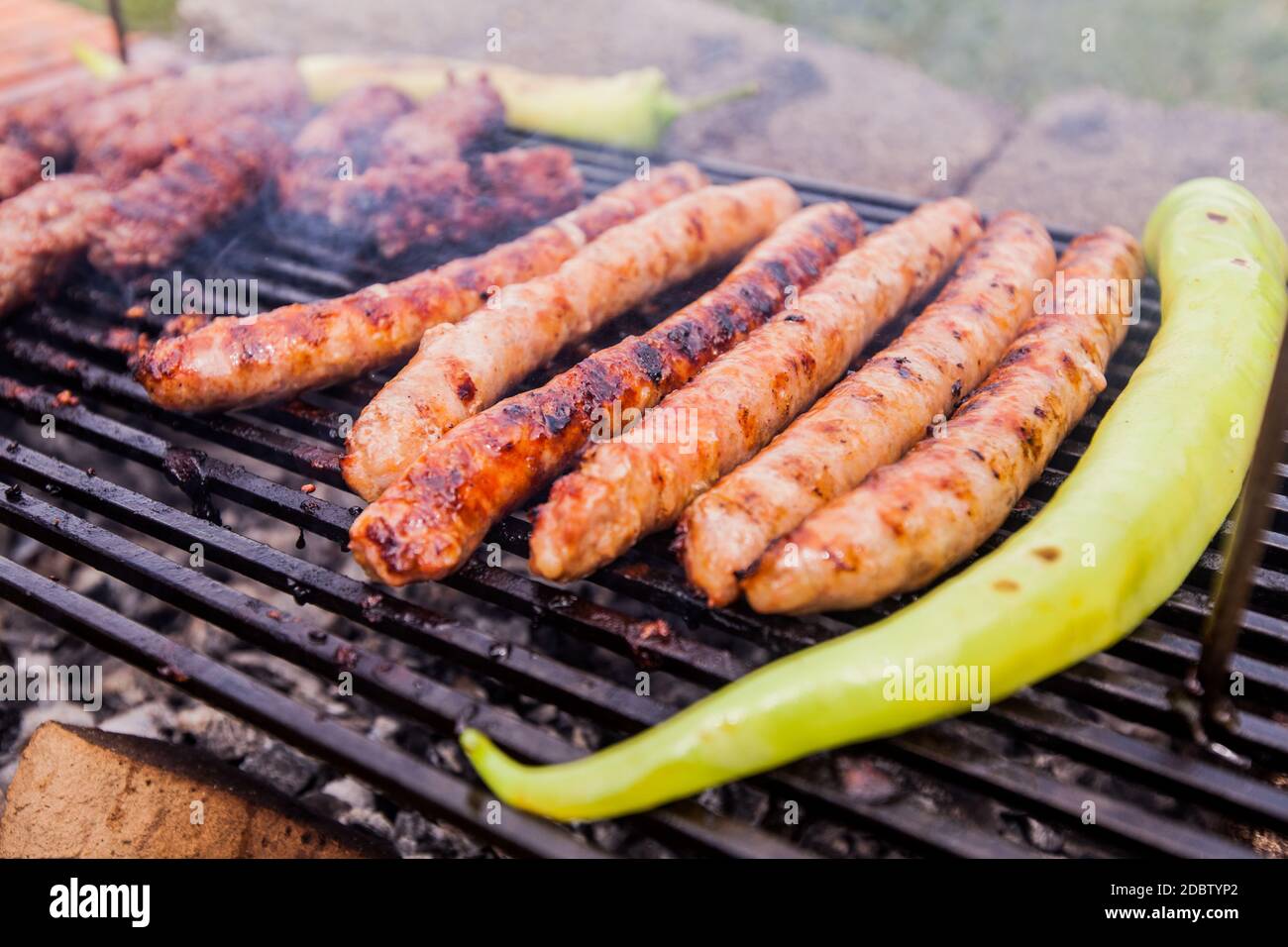 Grilling meat and hot pepper, Barbecue, BBQ party , camping food ...