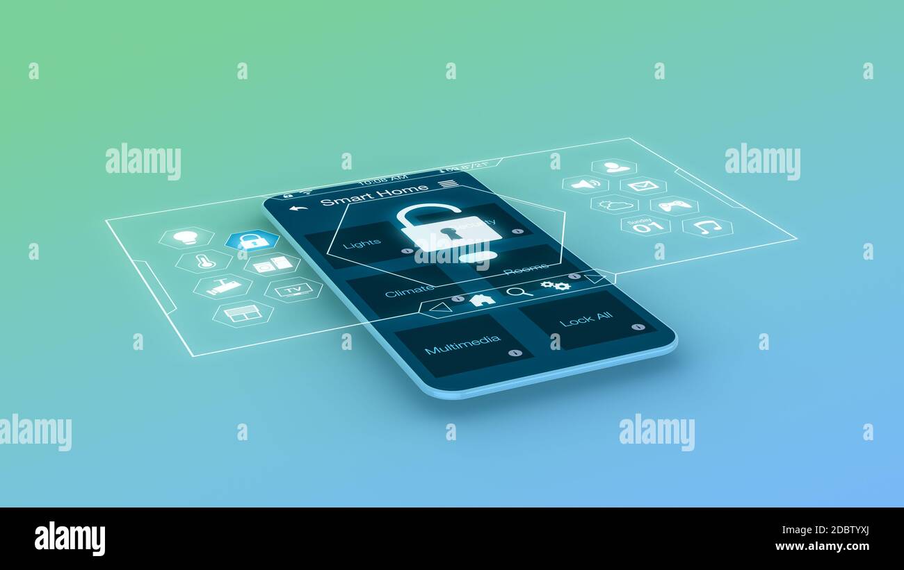 stylized smartphone with a smart home app and a futuristic holographic interface (3d render ...
