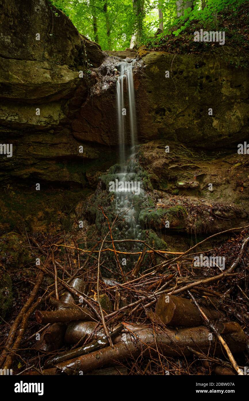 Waterfall scene with rocks and trunks in a forest landscape Stock Photo ...