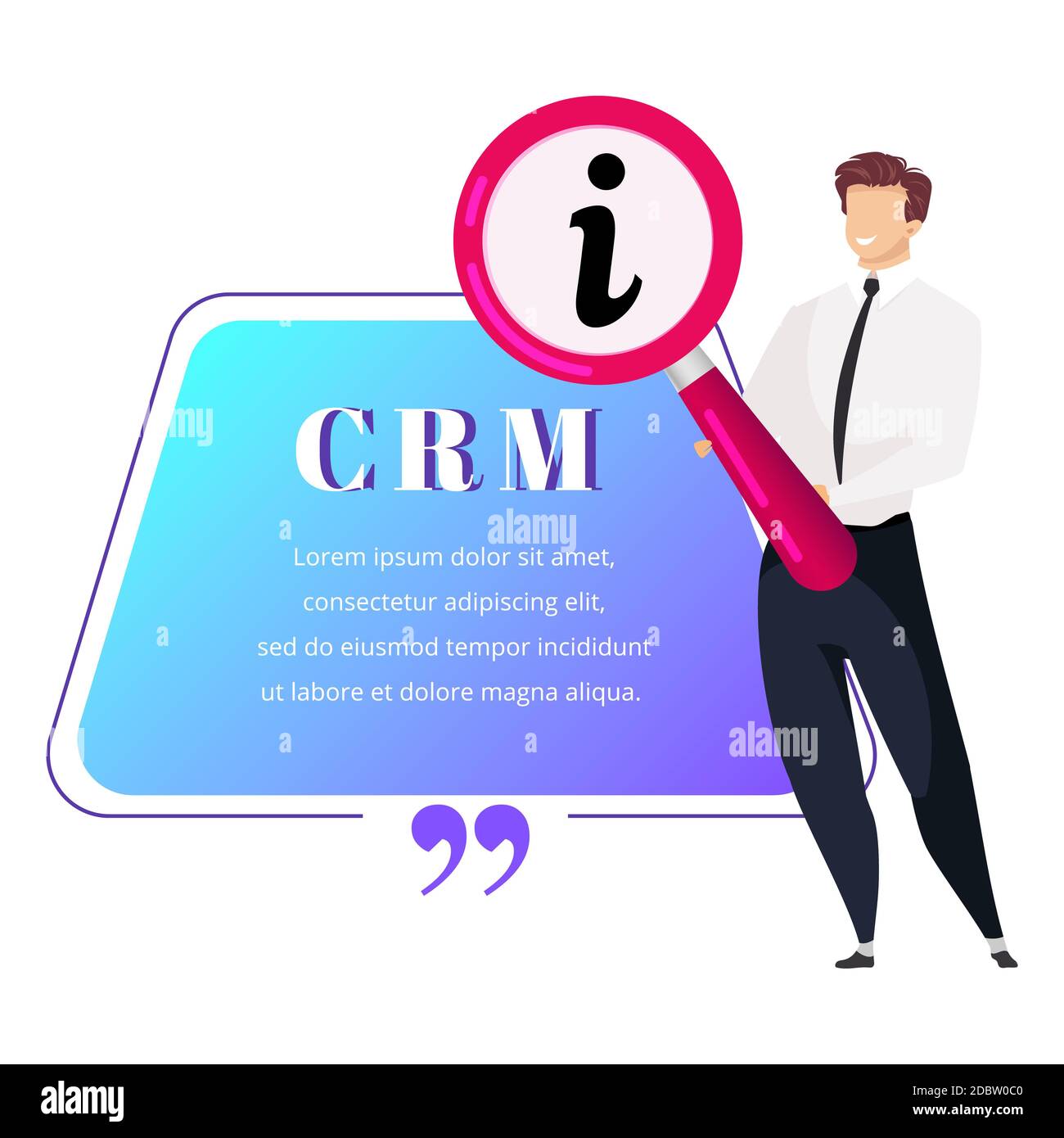 CRM flat color vector character quote. Man holding magnifying glass ...