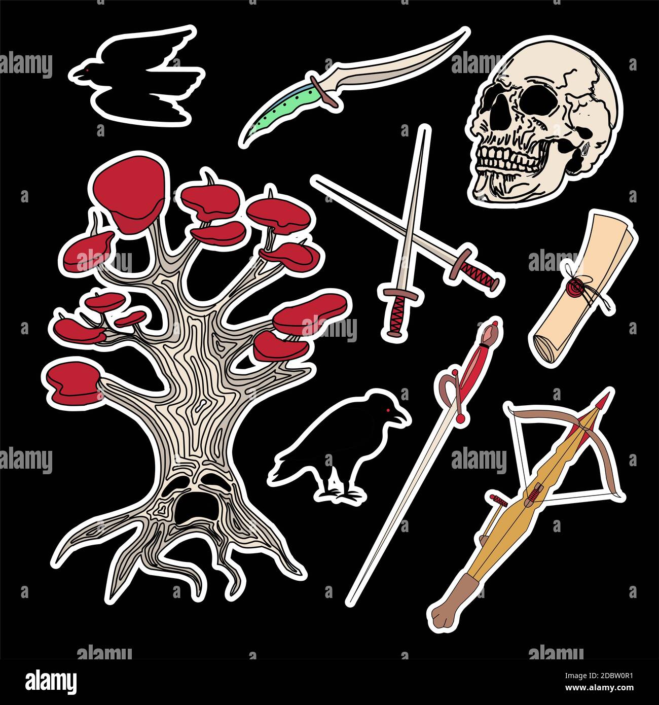 Skull, dragon, black raven, dagger MAGIC STICKERS for Halloween Stock ...