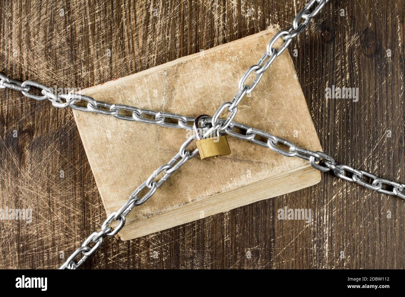 Old book with chain and padlock on wooden background Stock Photo - Alamy