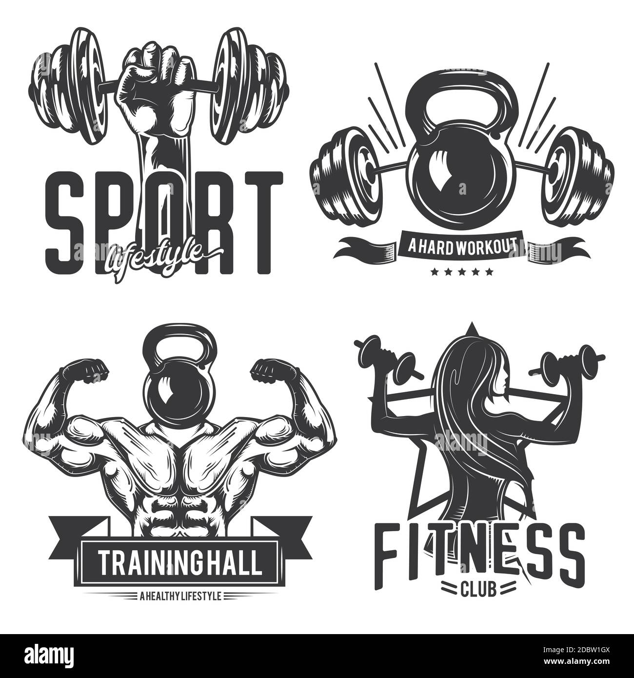 Set of gym emblems, labels, badges, logos. Isolated on white Stock ...
