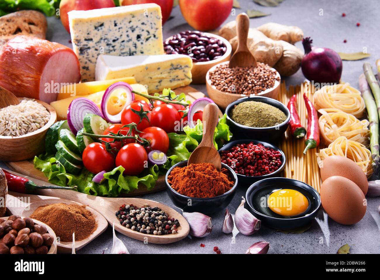 Composition with assorted organic food products on the table Stock ...