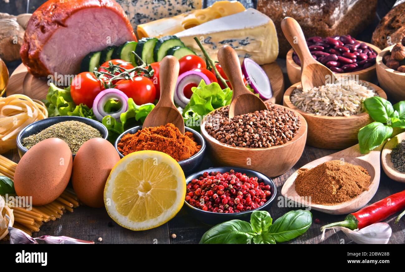 Composition with assorted organic food products on the table Stock ...