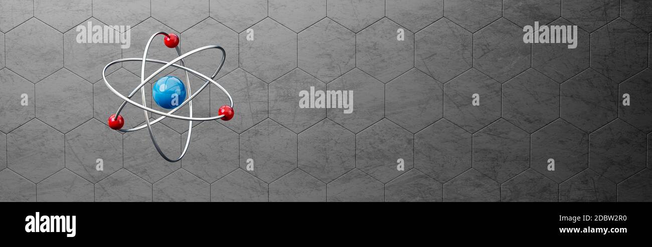 Red and Blue Atom Symbol Structure on Gray Hexagon Pattern Background ...