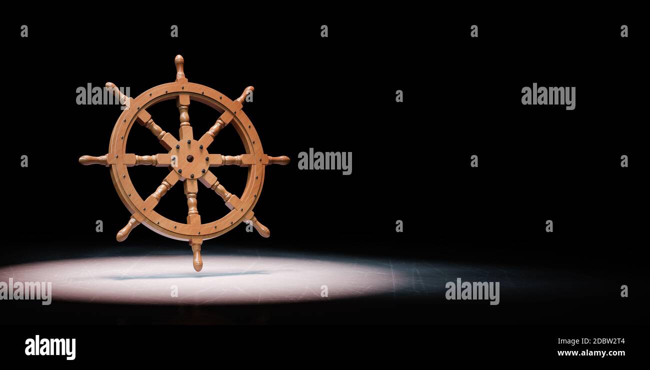 Wooden Rudder Wheel Spotlighted on Black Background with Copy Space 3D ...
