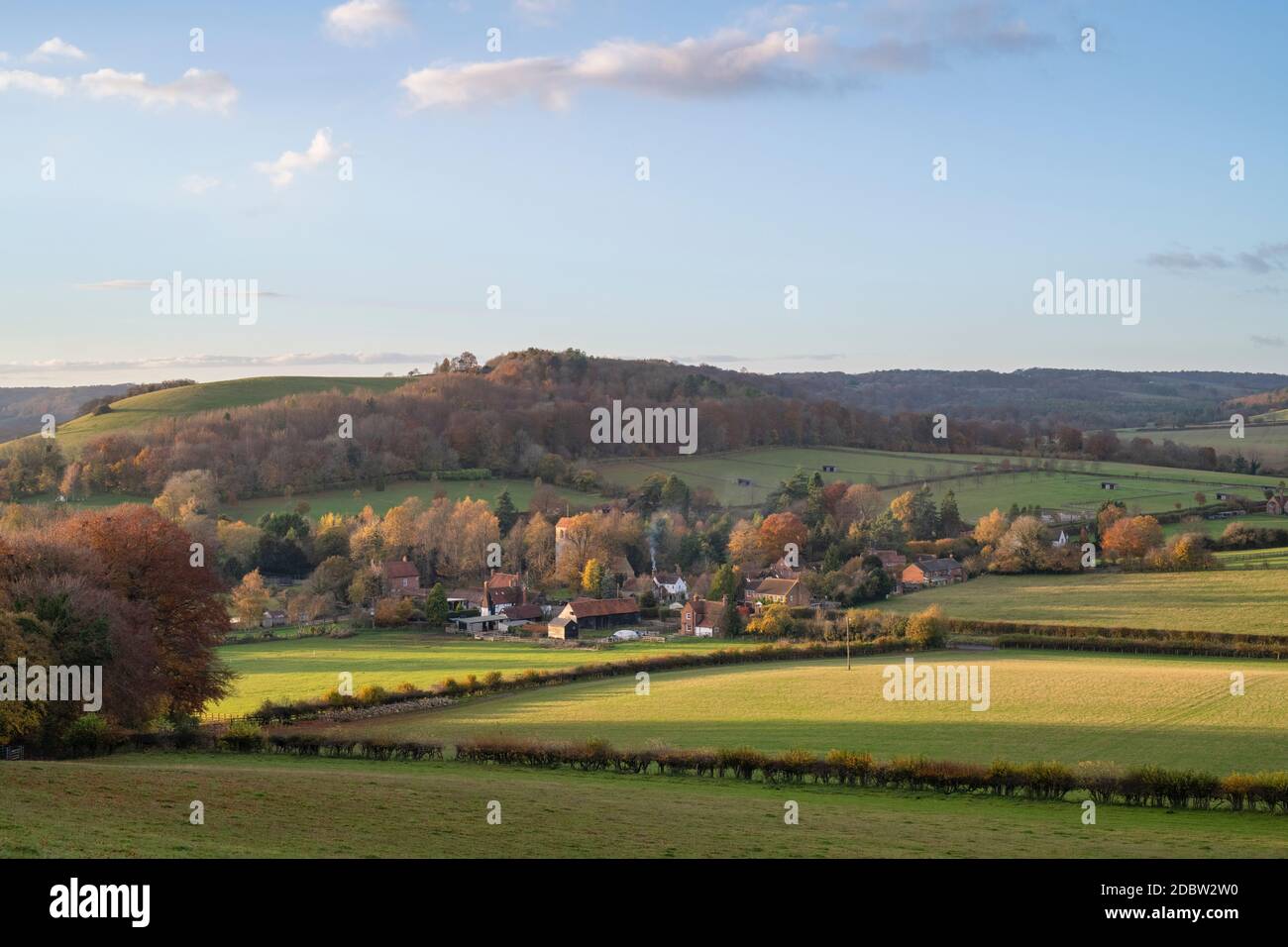Late afternoon autumn sunlight looking over Fingest village in the ...