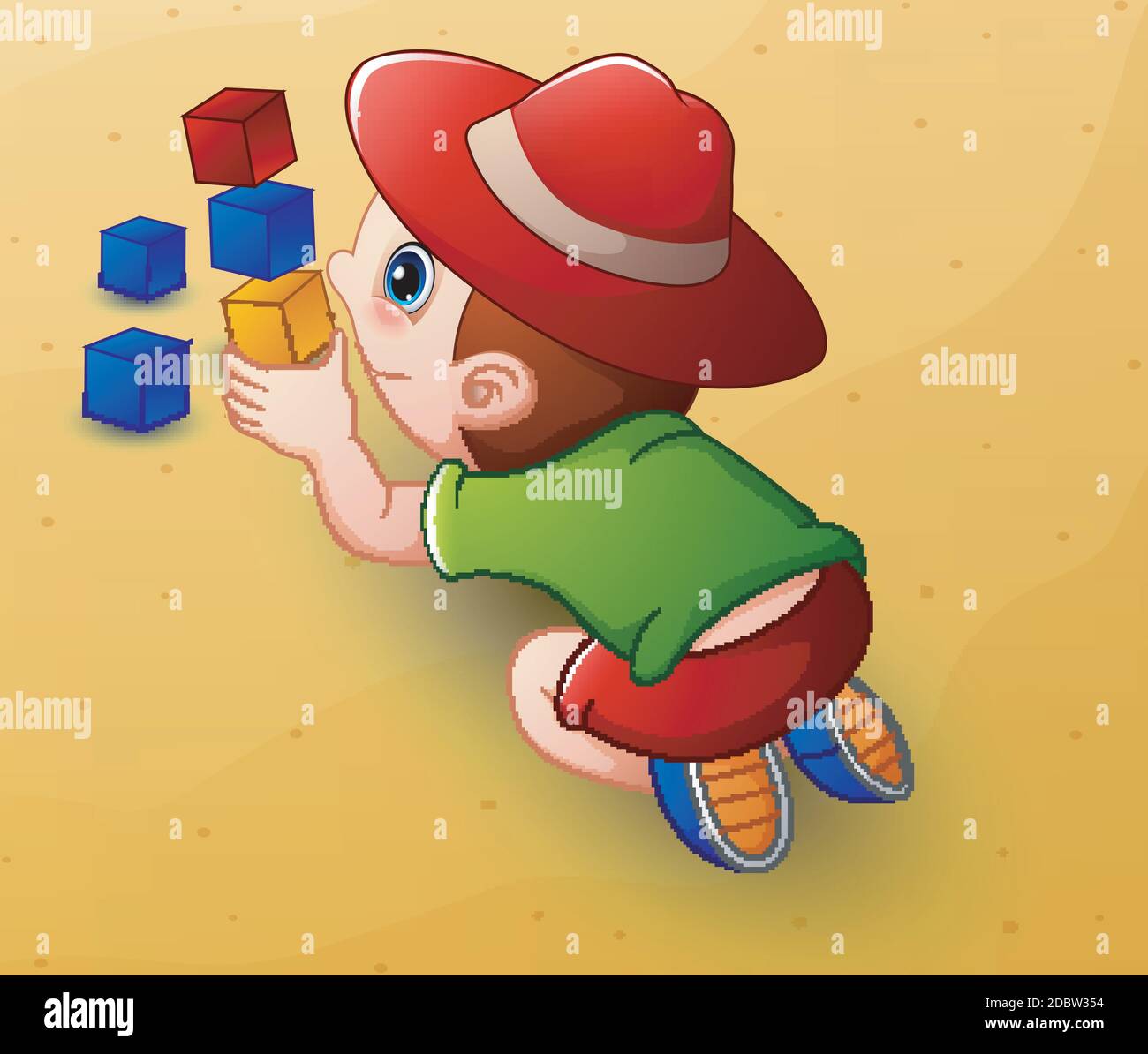 Vector illustration of Cartoon little boy playing with cubes toys in ...