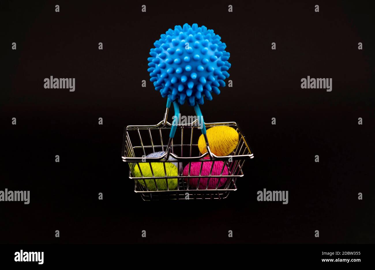Blue virus molecule, shopping basket and creative colorful eggs made ...