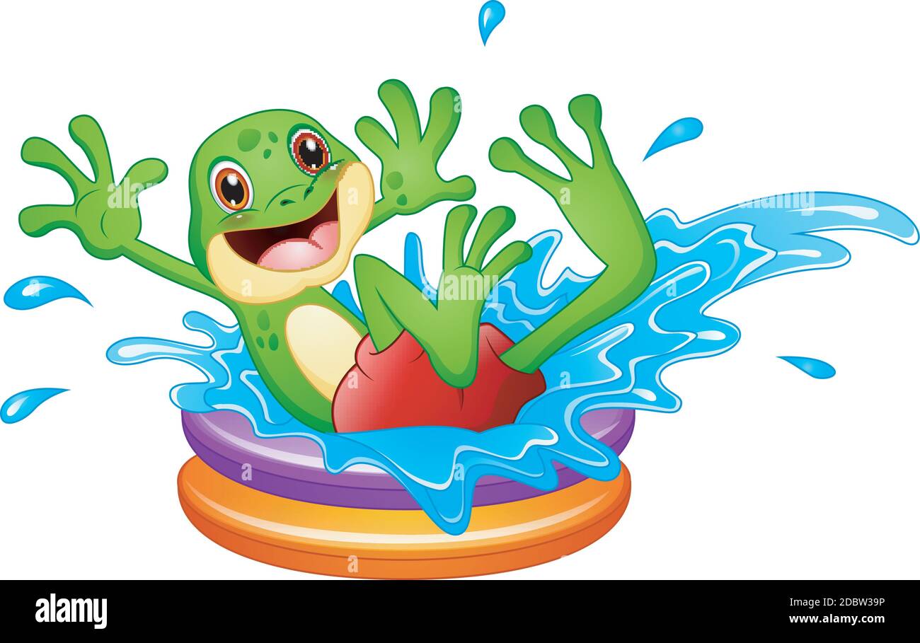 Vector illustration of Funny frog cartoon sitting above inflatable pool ...