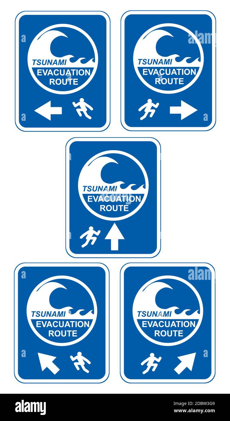 Tsunami warning signs showing evacuation route directions for ...
