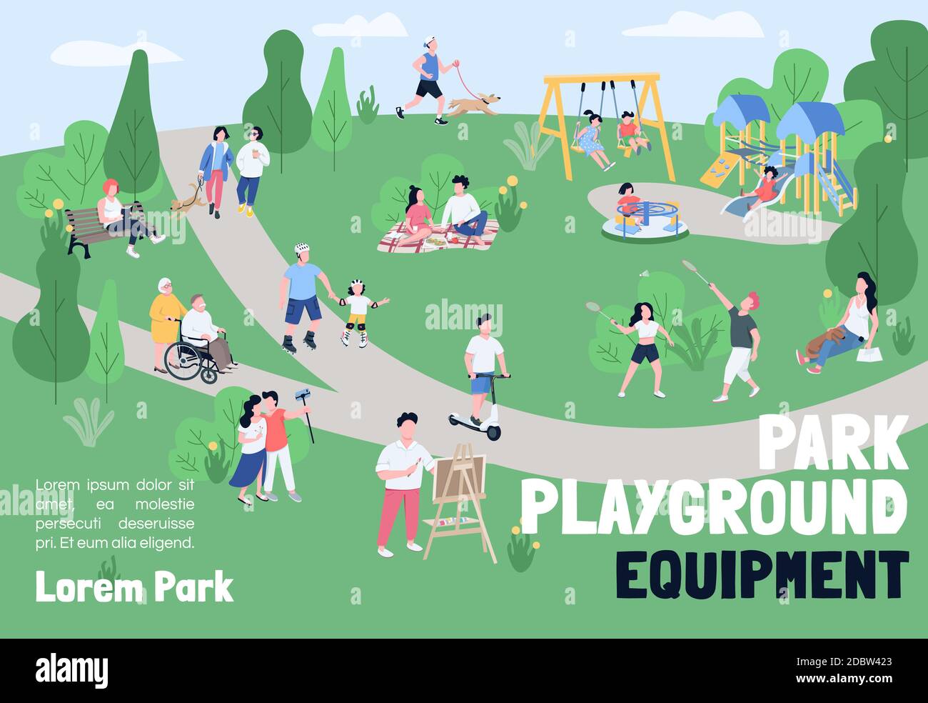 Park playground equipment banner flat vector template. Brochure, poster ...