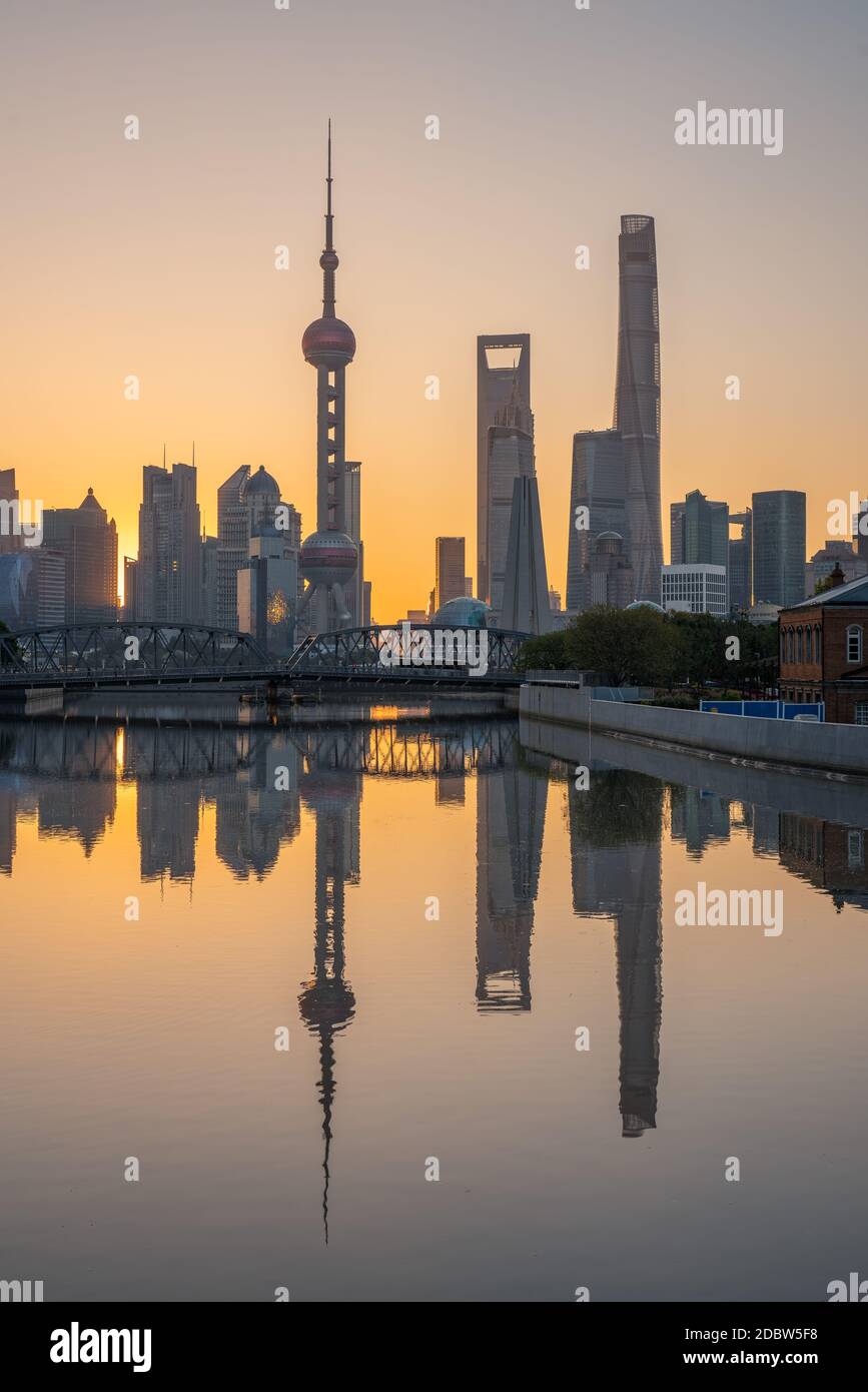 The sunrise view of Lujiazui, the financial district in Shanghai, China ...