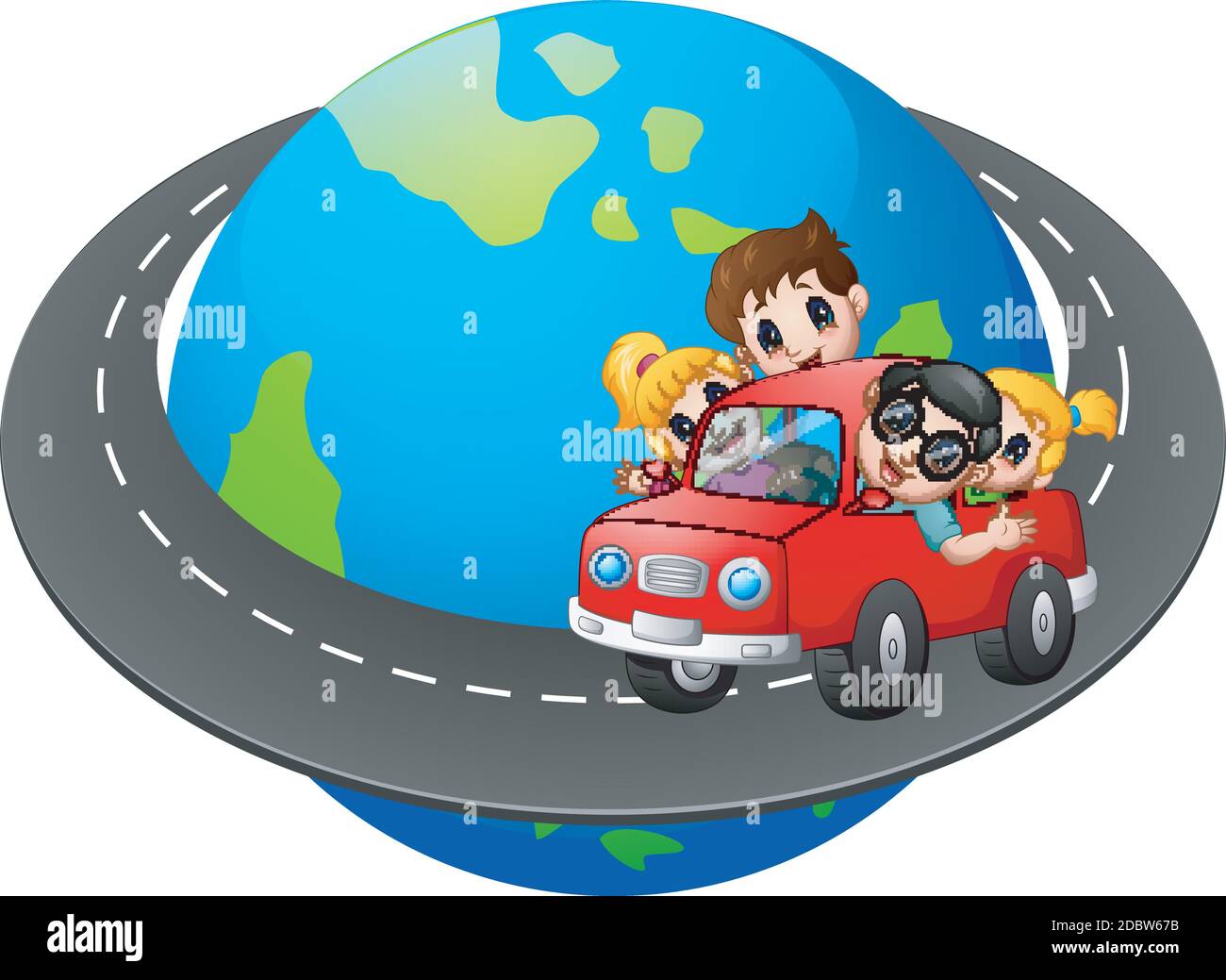 Vector illustration of Family travels with the car around the world ...