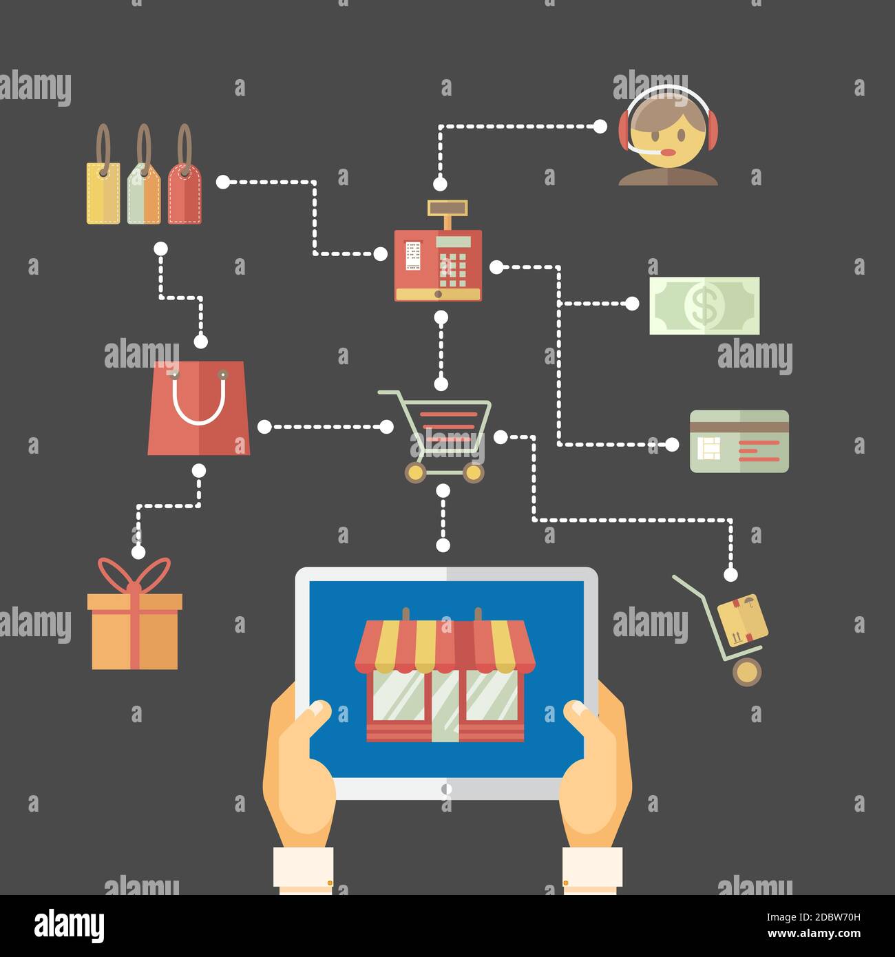 Flow chart infographics showing web purchases with man holding tablet ...