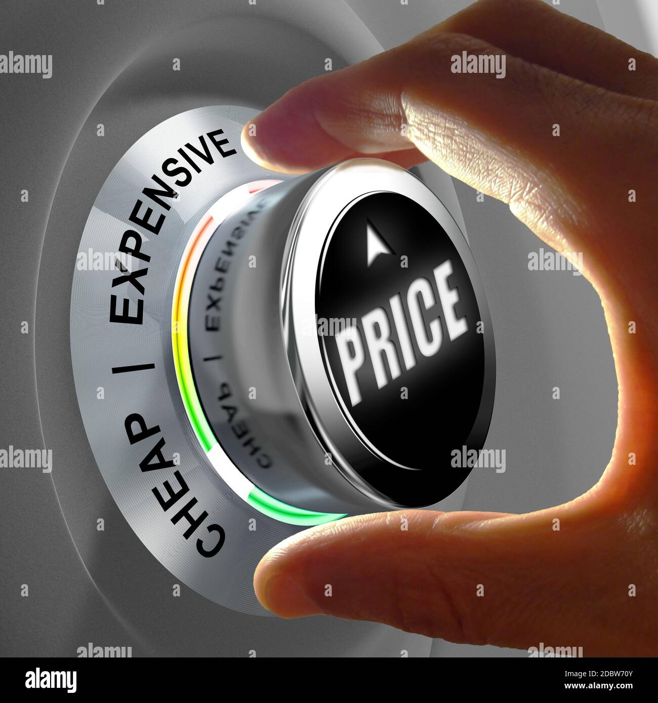 Hand adjusting a button that set a price to cheap or expensive. Concept ...