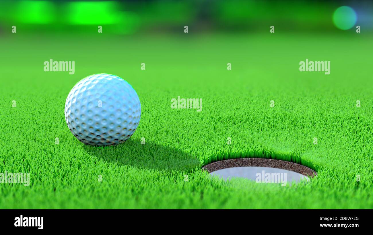 Close up view of a golf ball on the green near the hole. Win concept ...