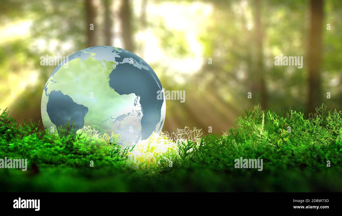 Globe on vegetation in forest. Ecological concept. 3D rendering Stock ...