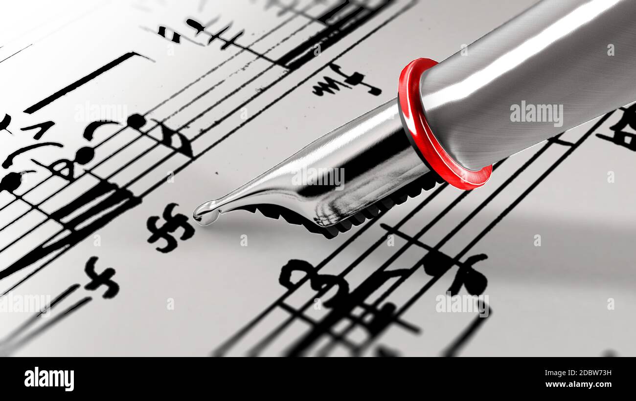 Close-up on a fountain pen of a music composer writing notes on a staff ...