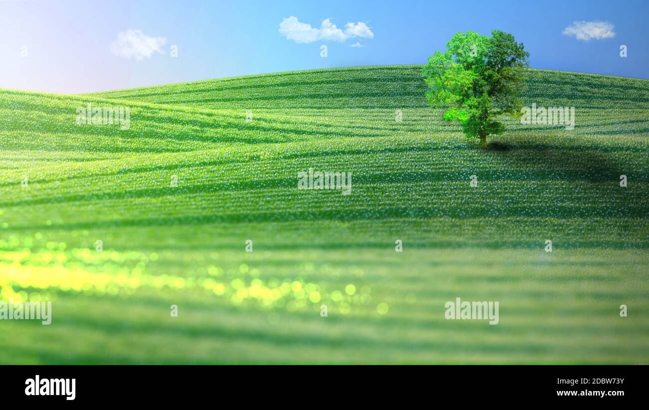 Landscape of verdant hills topped by a tree in the spring. 3D rendering ...