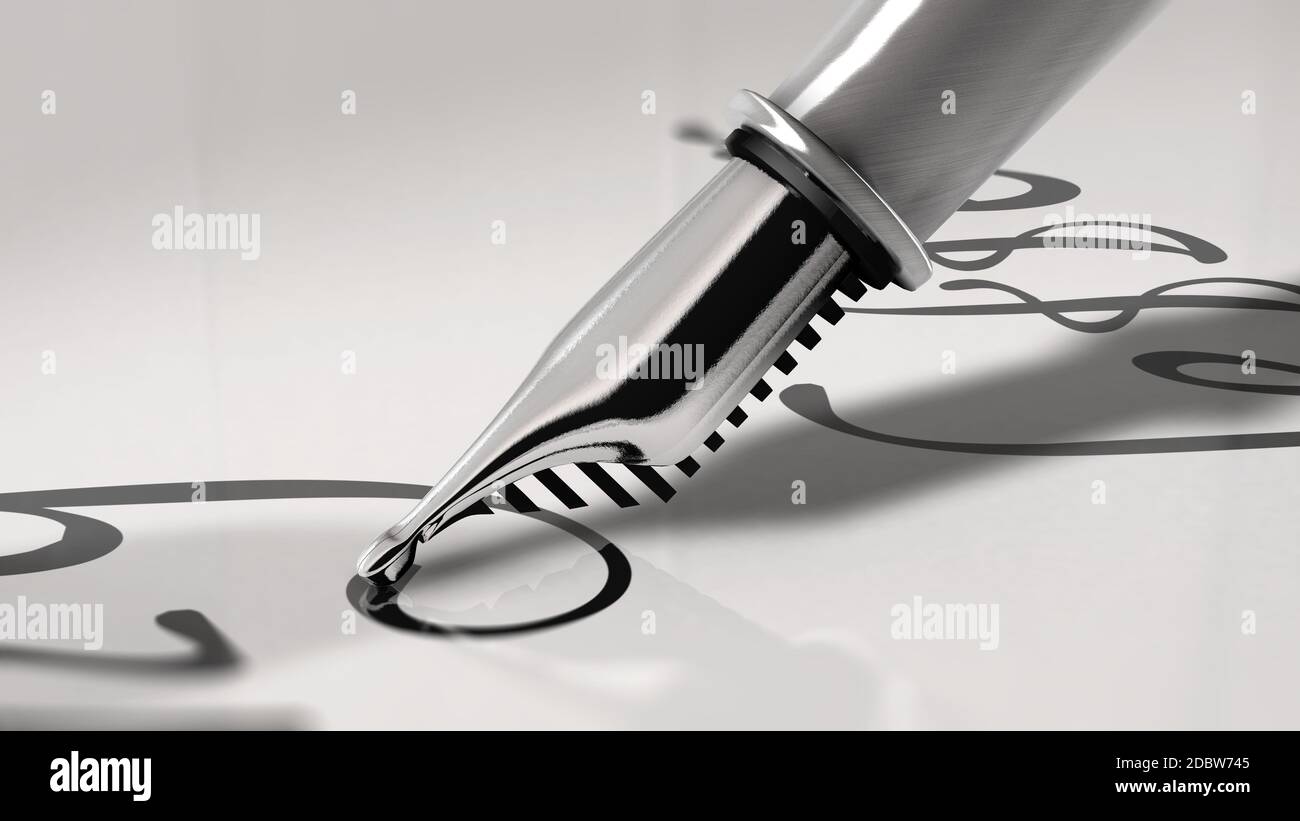 Close up view of a fountain pen writing cursive letter. 3D Rendering ...