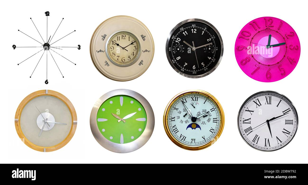 Bunch of different clocks isolated on white Stock Photo - Alamy