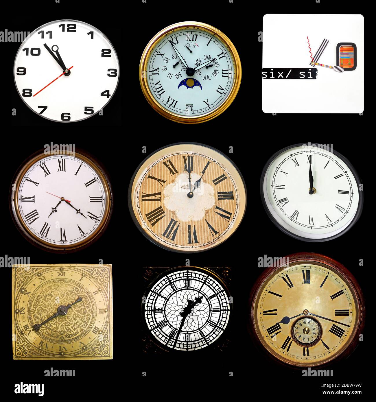 Bunch of different clocks isolated on black Stock Photo - Alamy