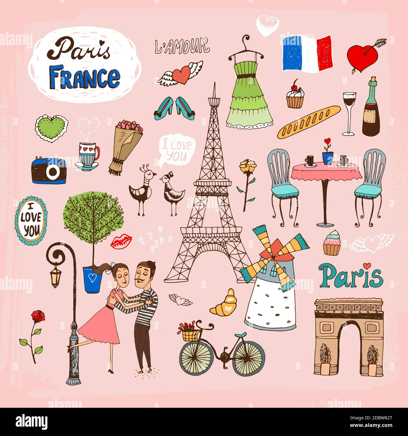 Set of hand-drawn Paris France landmarks and icons with lovers the ...