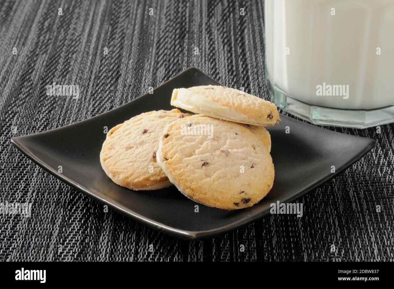 A plate of frosted shortbread cookies with a glass of milk Stock Photo ...
