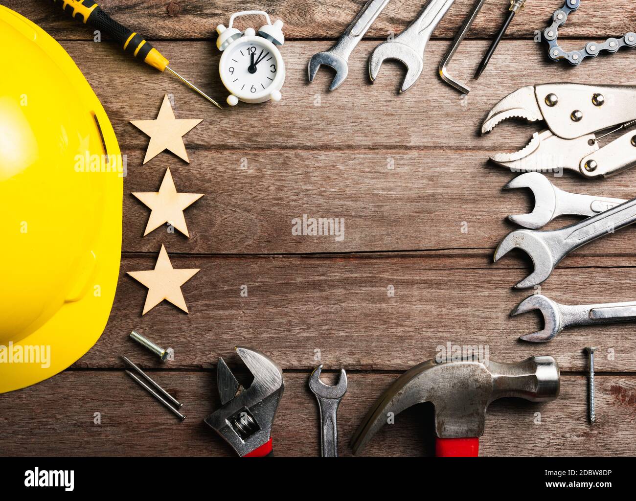 Happy holiday Labor day, different kinds wrenches on wooden desk table ...