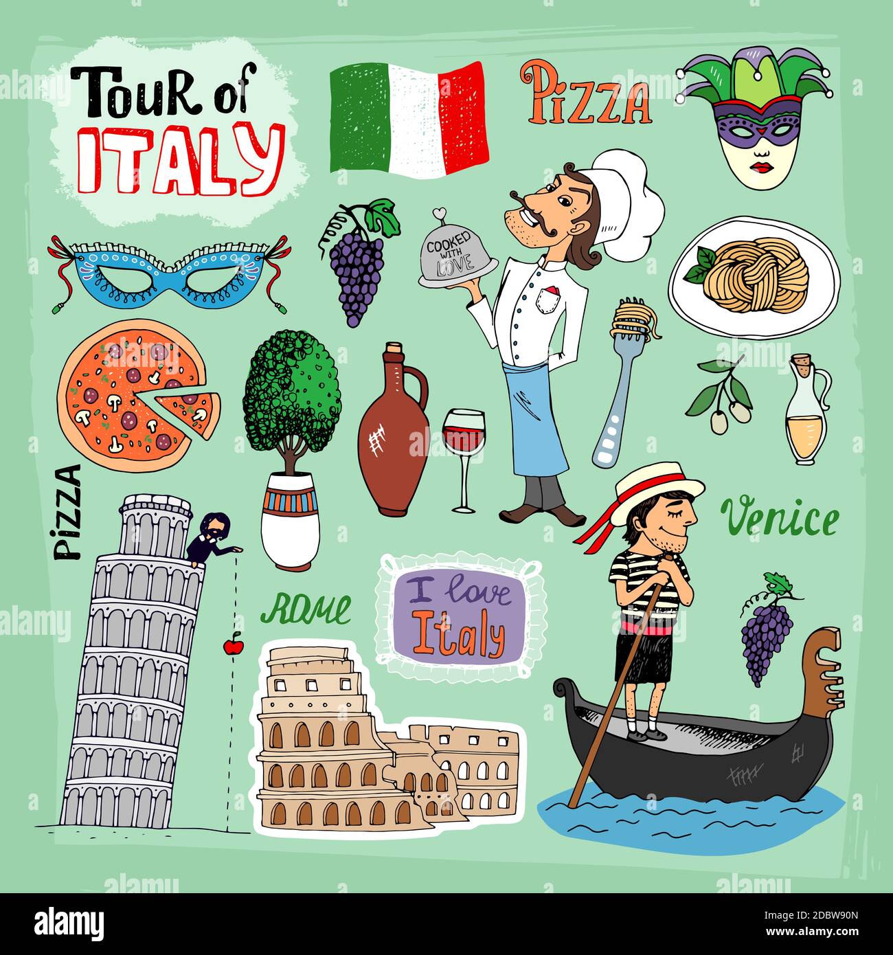 Tour of Italy illustration with landmarks including the leaning Tower ...
