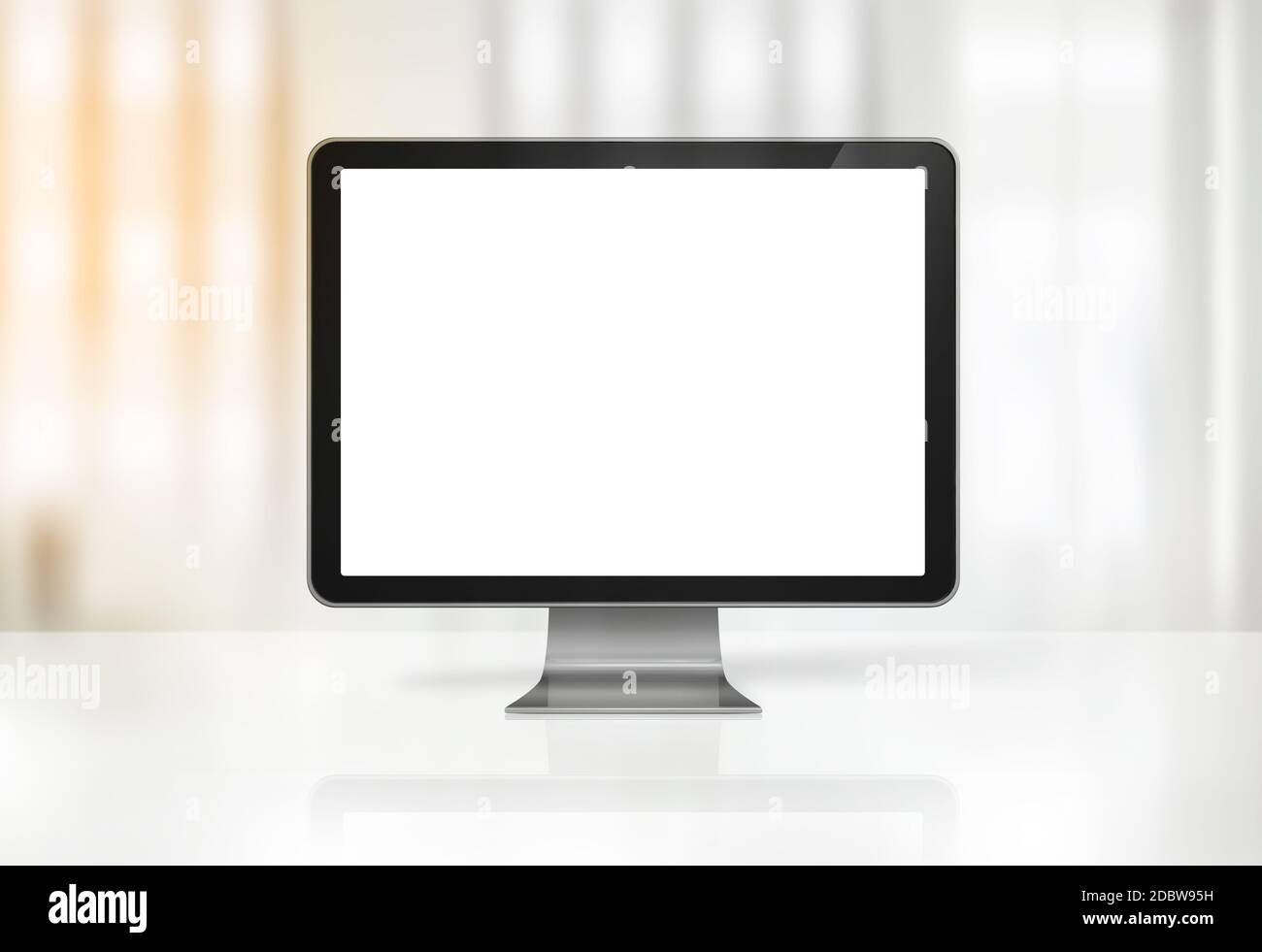 3D computer screen on office desk interior background Stock Photo - Alamy