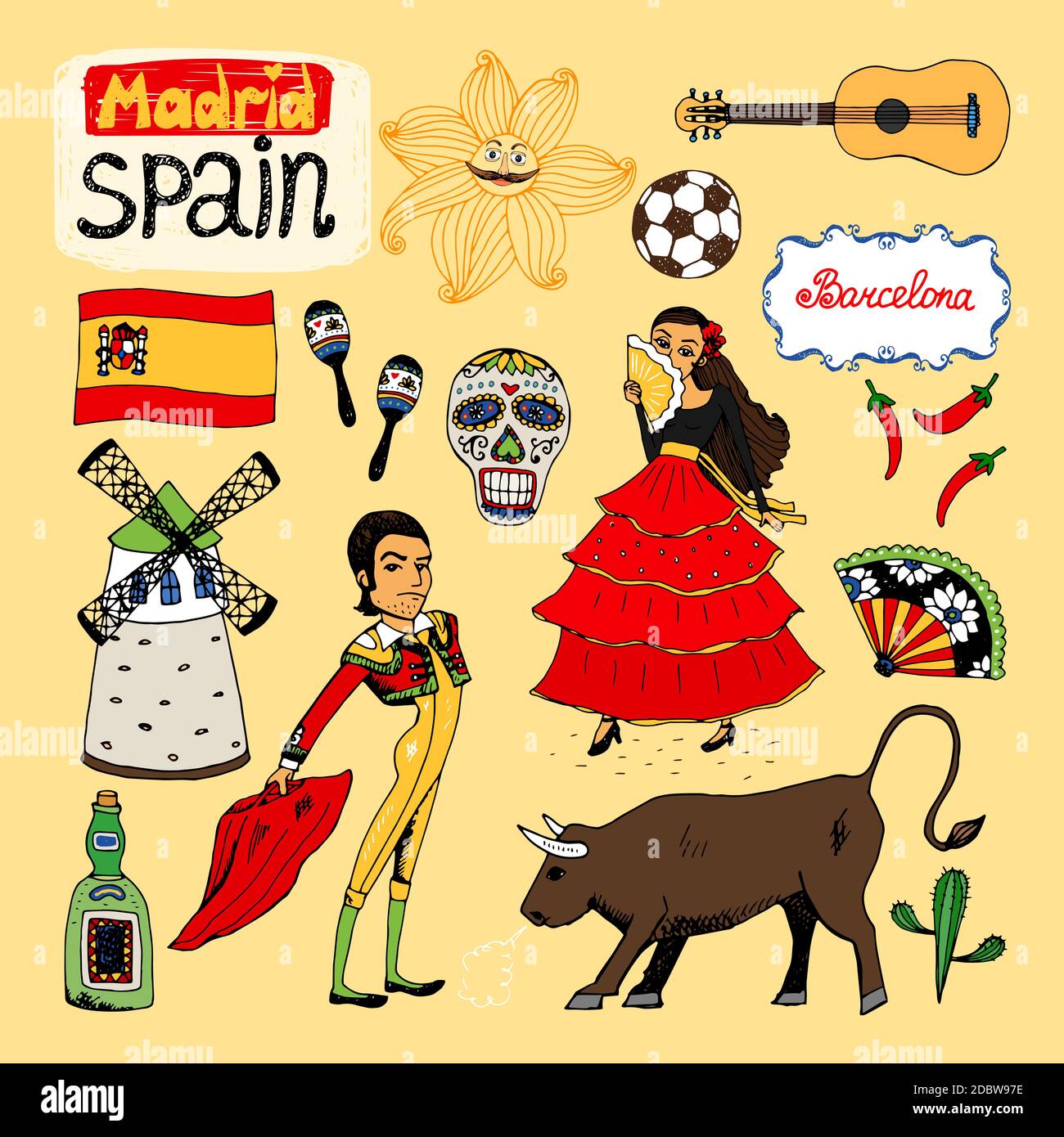 Set of hand-drawn landmarks and icons of Spain with a matador and bull ...