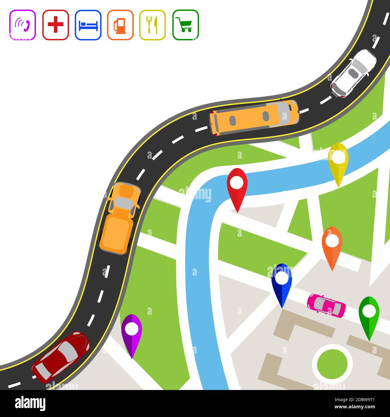 Road infographics. Winding road with markers on the map terrain. The ...