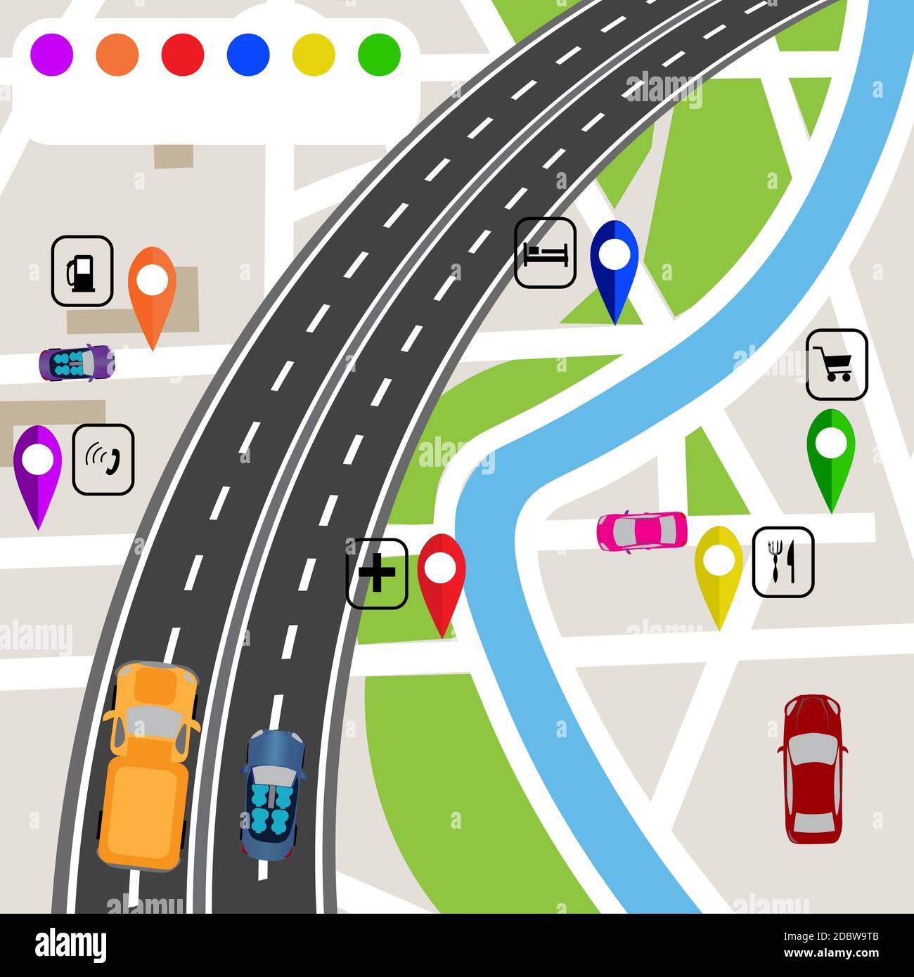 Road infographics. Slight bend in the road with markers on the map ...