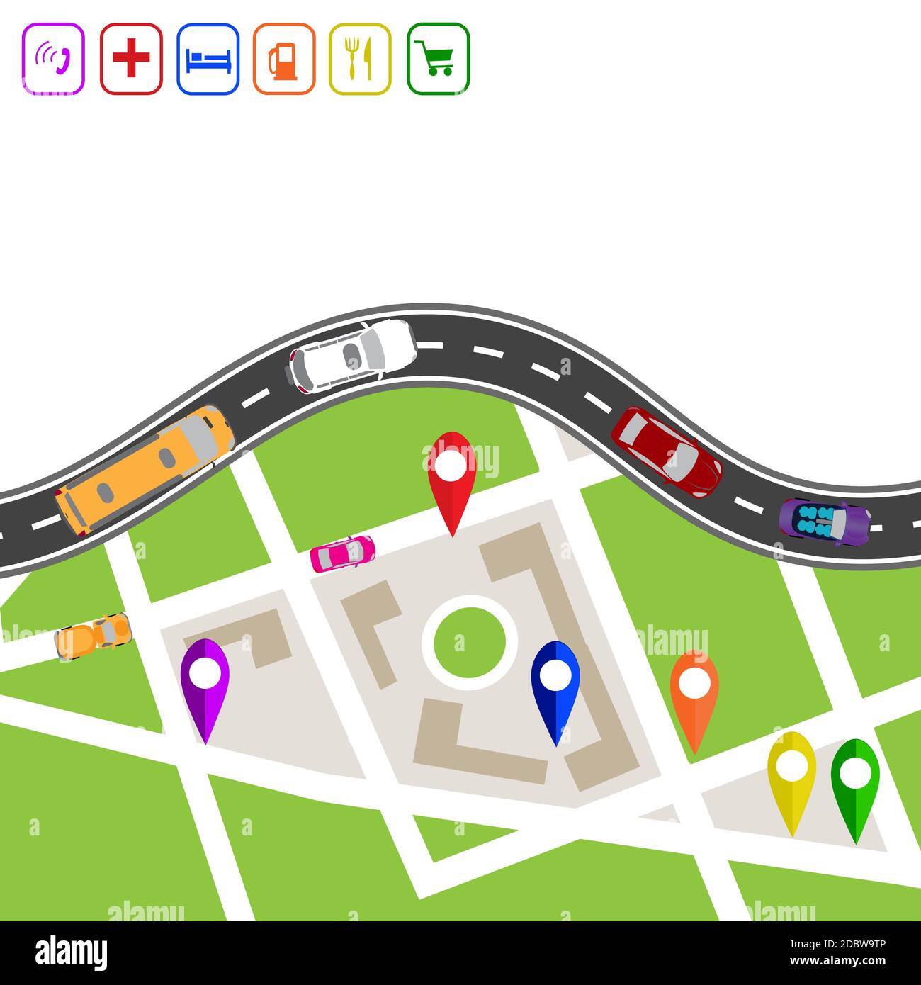 Road infographics. Winding road with markers on the map terrain ...